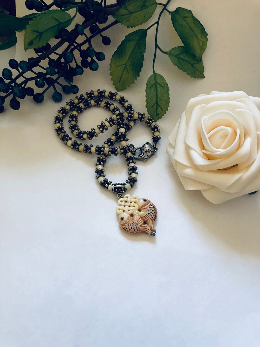 Chinese Double Fish Necklace Vintage Handmade With Beige Bovine Ox Bone ...