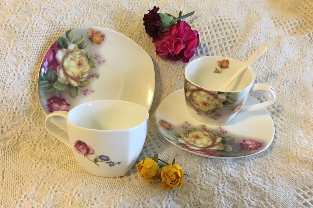 Yellow and Pink Rose Tea Set Peng Dong Floral Porcelain Teacups Saucers ...