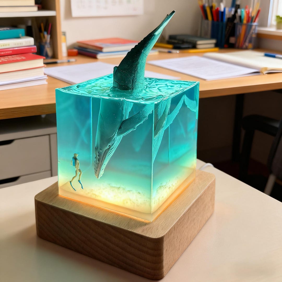 Mini Humpback Whale Resin Lamp, Ocean Cube Night Light, Epoxy Art Gift ...