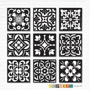 Mosaic Tile Wall Art, PRINTABLE Black White Digital Tiles Set of 9 8x8 ...