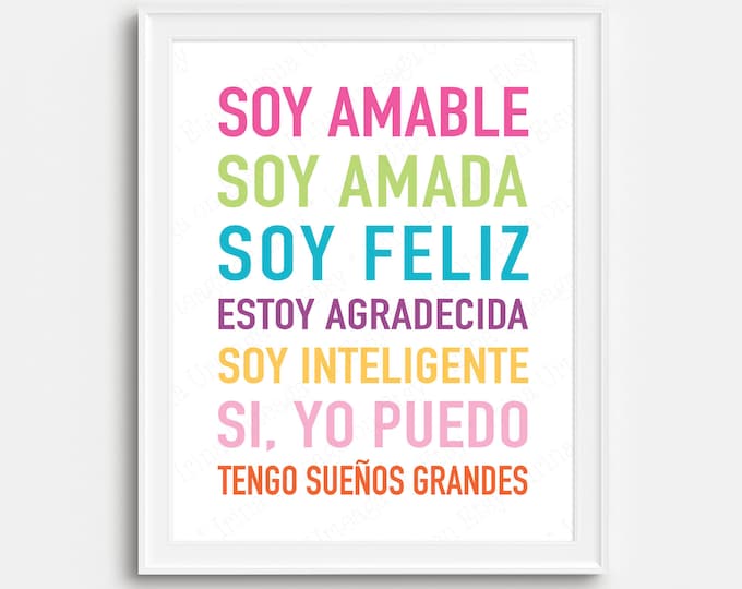 Kid Affirmations Wall Art in Spanish for Girl Room Decor, PRINTABLE ...