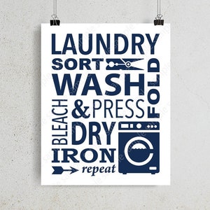 Navy Blue Laundry Room Sign Printable 8x10 11x14 Wash Dry Fold Wall Art ...