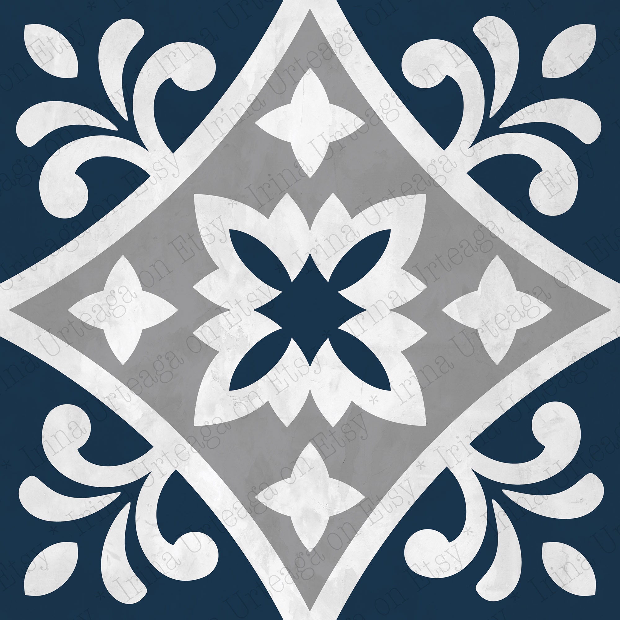 Tile art print geometric wall decor printable navy blue and | Etsy