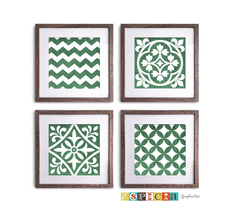 Set of 4 8x8 Wall Decor, Printable Dark Green Geometric Poster ...
