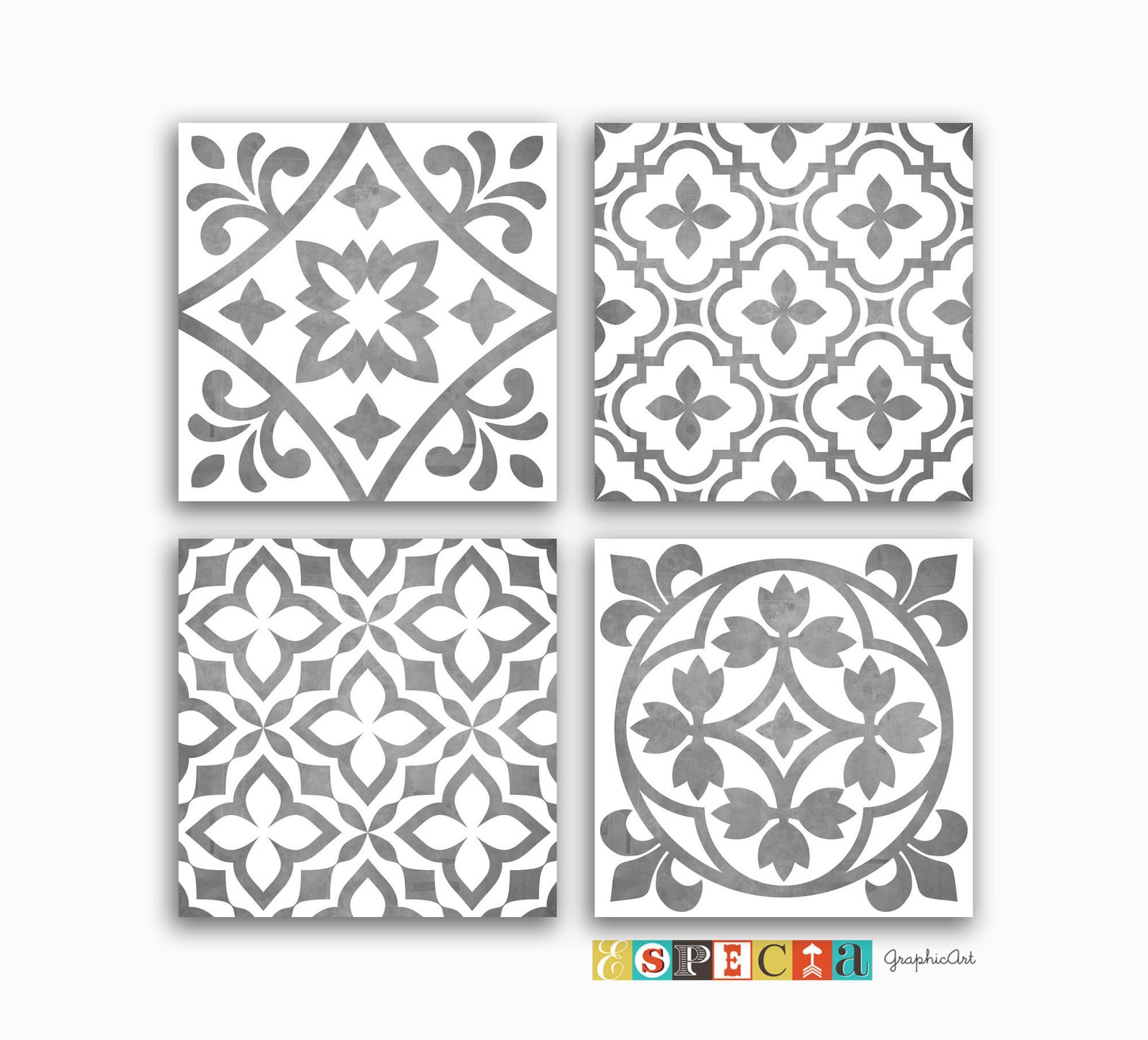 Digital Tiles, Gray White Ornate Wall Decor, Printable Geometric Art ...
