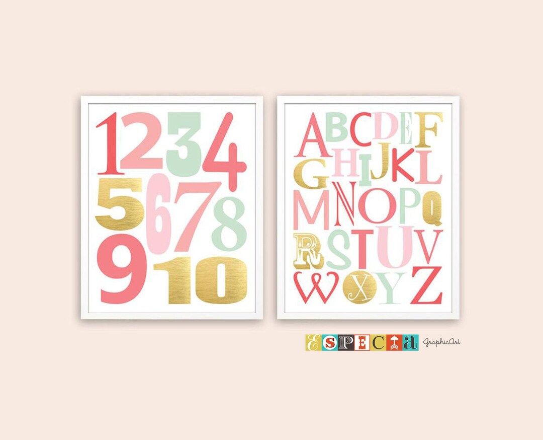 Alphabet & Numbers Poster Set: Coral Mint Nursery Decor (digital ...