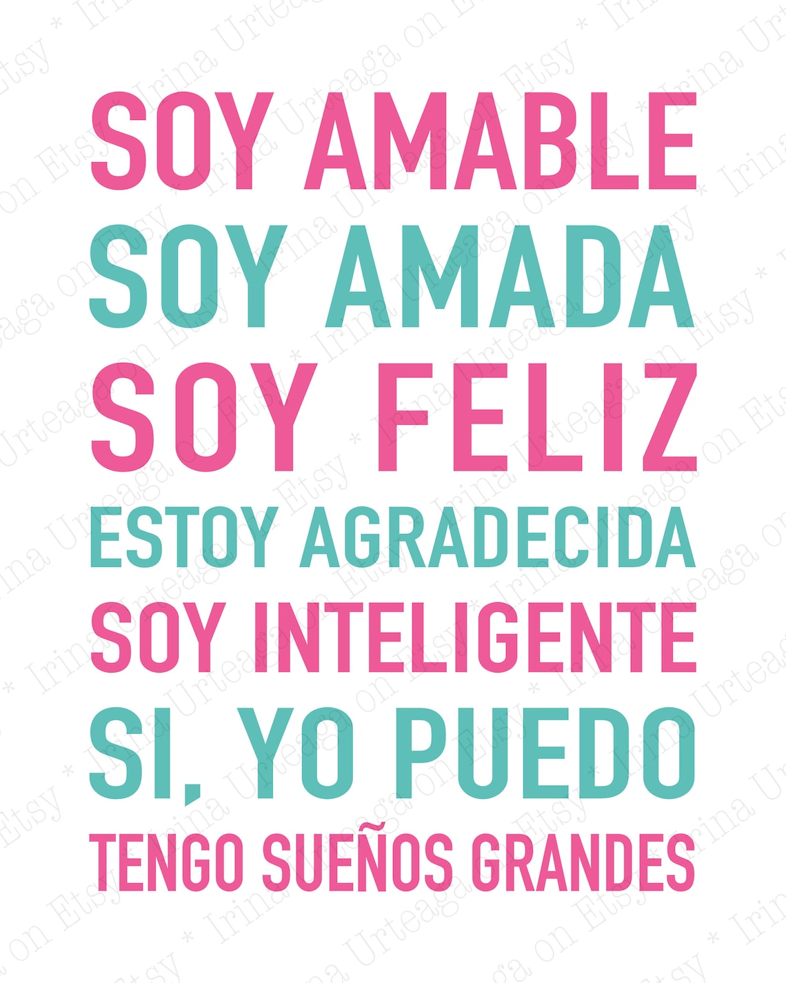 Affirmation Words in Spanish, PRINTABLE Inspirational Text for Girl ...