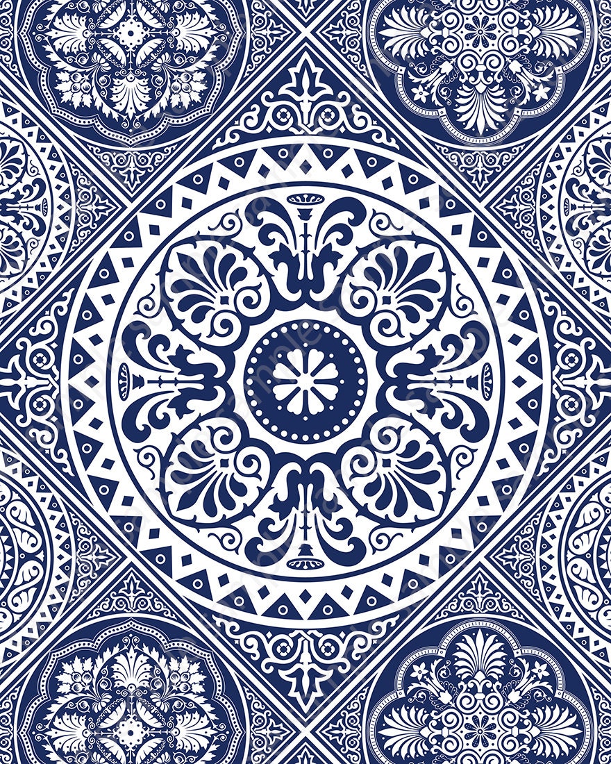 Mosaic Tile Wall Art, Blue and White Digital Tiles for Kitchen Dining ...