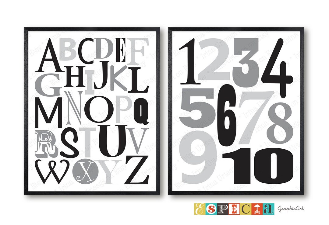 Alphabet Set of 2 Prints, Neutral Modern Nursery Decor, Black and White ...
