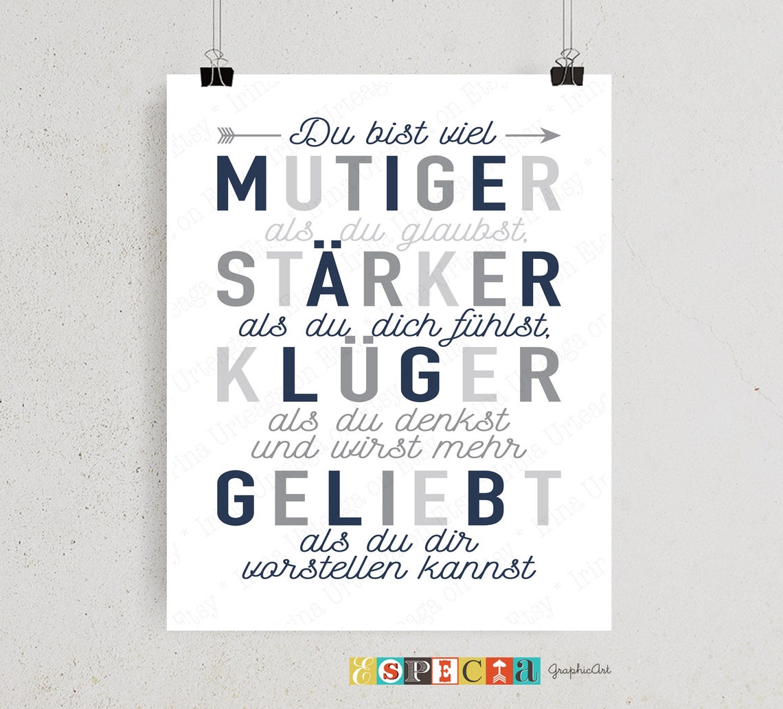 Inspirational Kids Wall Art: German Quote Printable, You Are Braver ...