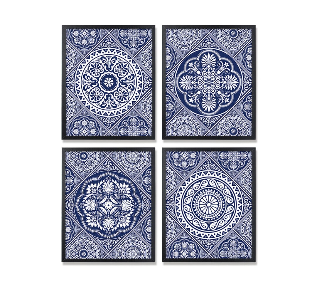 Mosaic Tile Wall Art, Blue and White Digital Tiles for Kitchen Dining ...