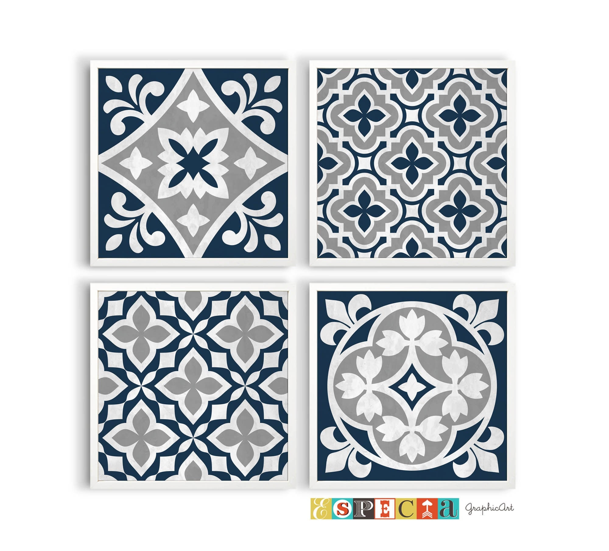 Tile art print geometric wall decor printable navy blue and | Etsy