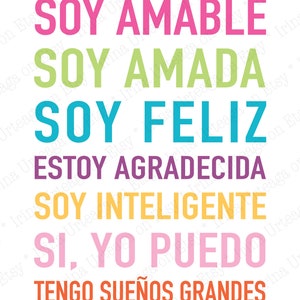 Kid Affirmations Wall Art in Spanish for Girl Room Decor, PRINTABLE ...