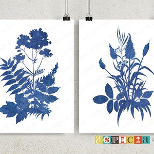 Navy Blue Botanical Prints Set of 2 Printable Wall Art, Indigo Leaves ...