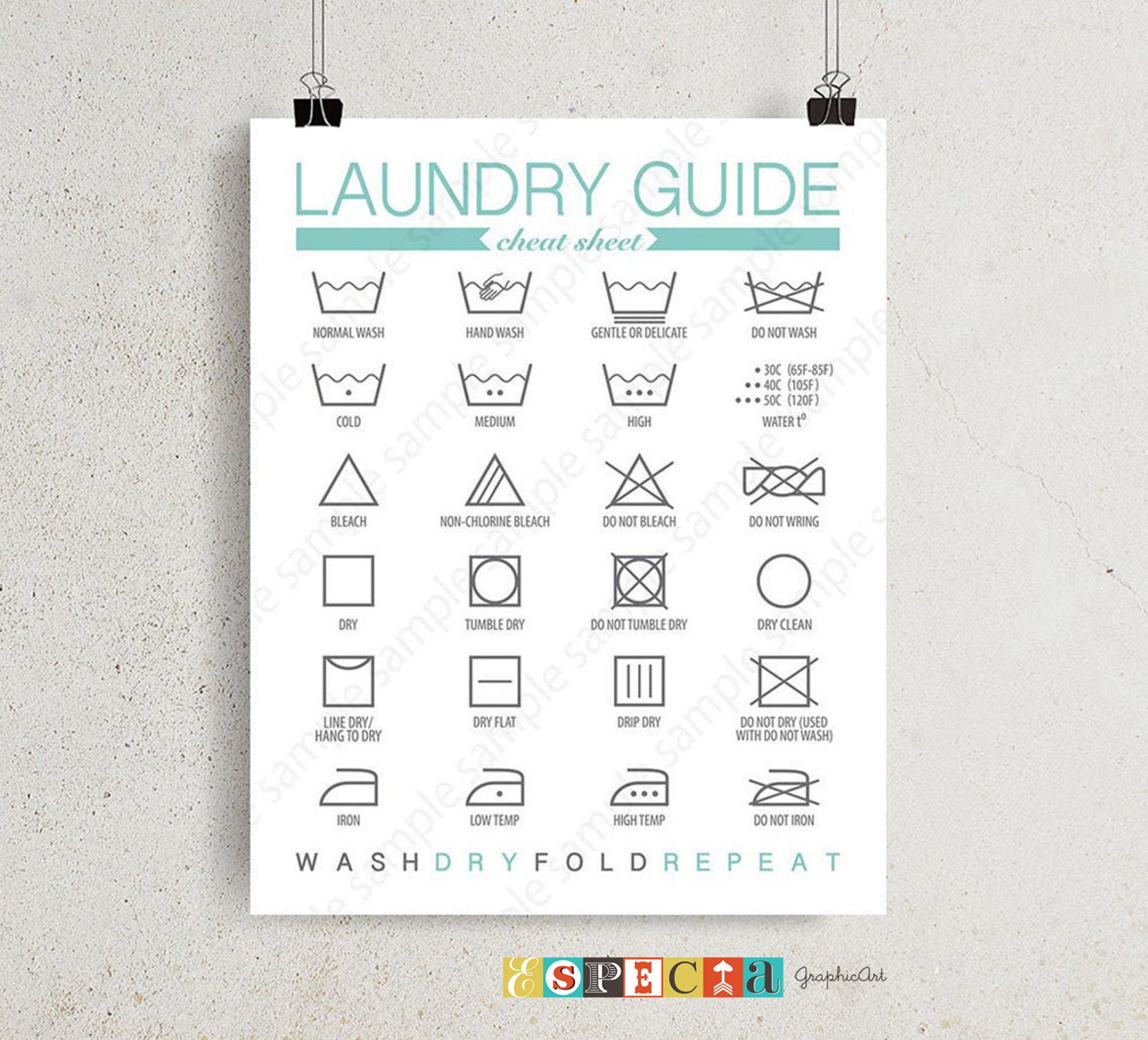 Laundry Room Clothing Care Symbols Printable wall art Cheat | Etsy