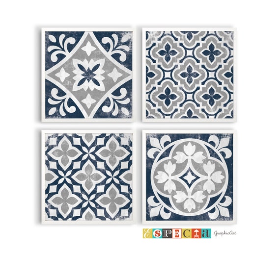 Tile Wall Art Geometric Decor Printable Navy Blue and Gray - Etsy