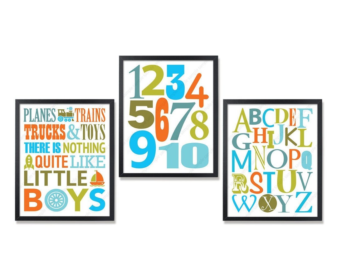 ABC 123 Boys Nursery Prints: Orange, Blue, Green (set of 3) (digital ...