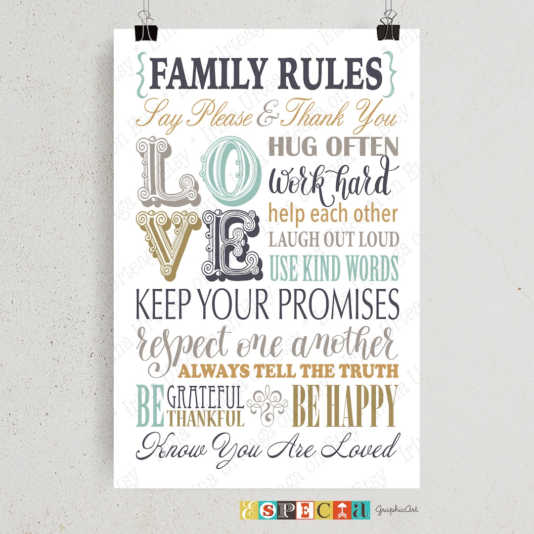 Family Motto Print House Rules Sign, 12x18 PRINTED UNFRAMED Typography ...