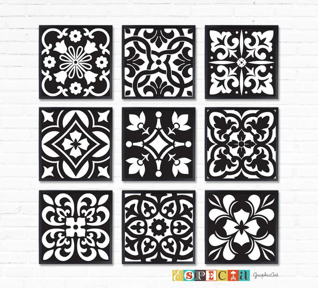 Mosaic Tile Wall Art, PRINTABLE Black White Digital Tiles Set of 9 8x8 ...