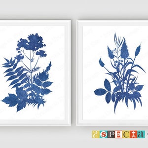 Navy Blue Botanical Prints Set of 2 Printable Wall Art, Indigo Leaves ...