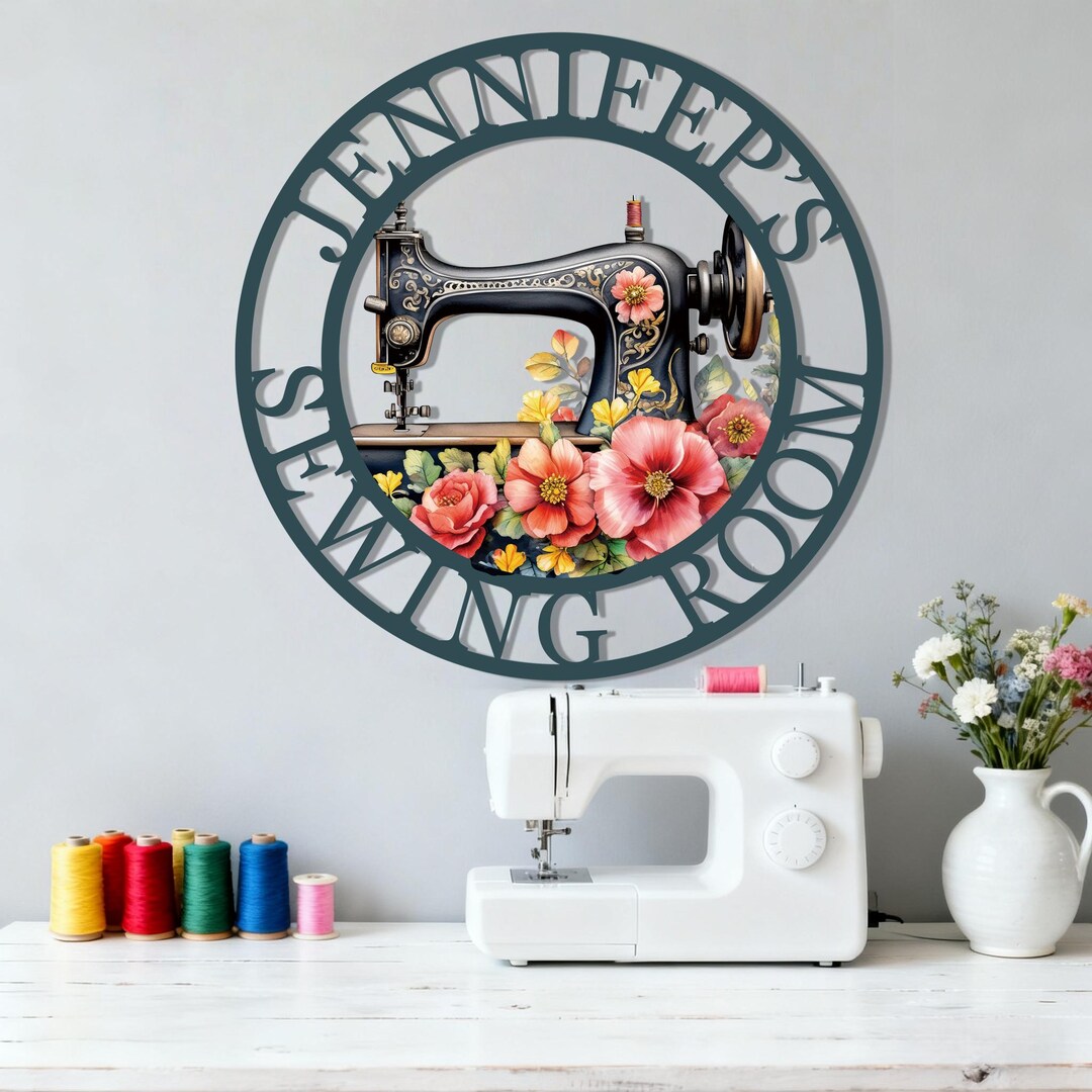 Round Personalized Sewing Machine Metal Sign | Custom Sewing Room Name ...