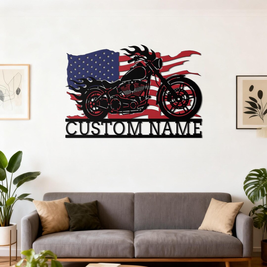 Custom Flame Motorcycle USA Flag Metal Wall Sign -personalized Biker ...