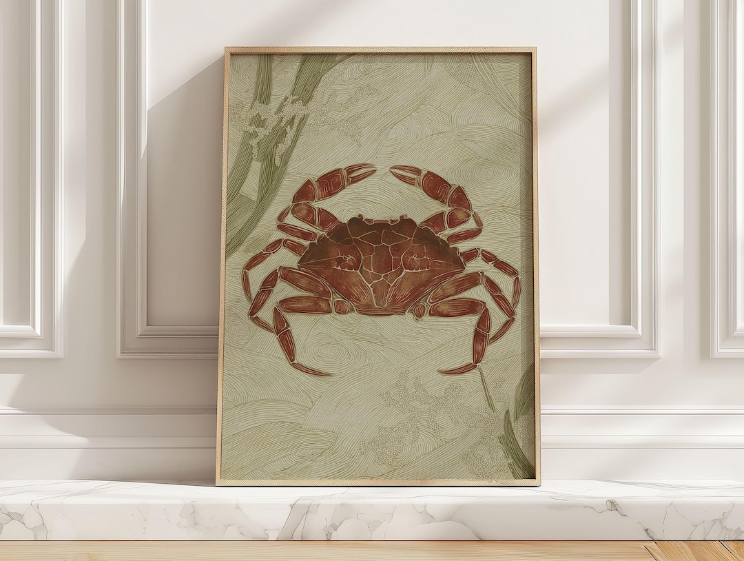 Vintage Red Crab Art Print, Modern Coastal Beach House Bathroom Poster ...