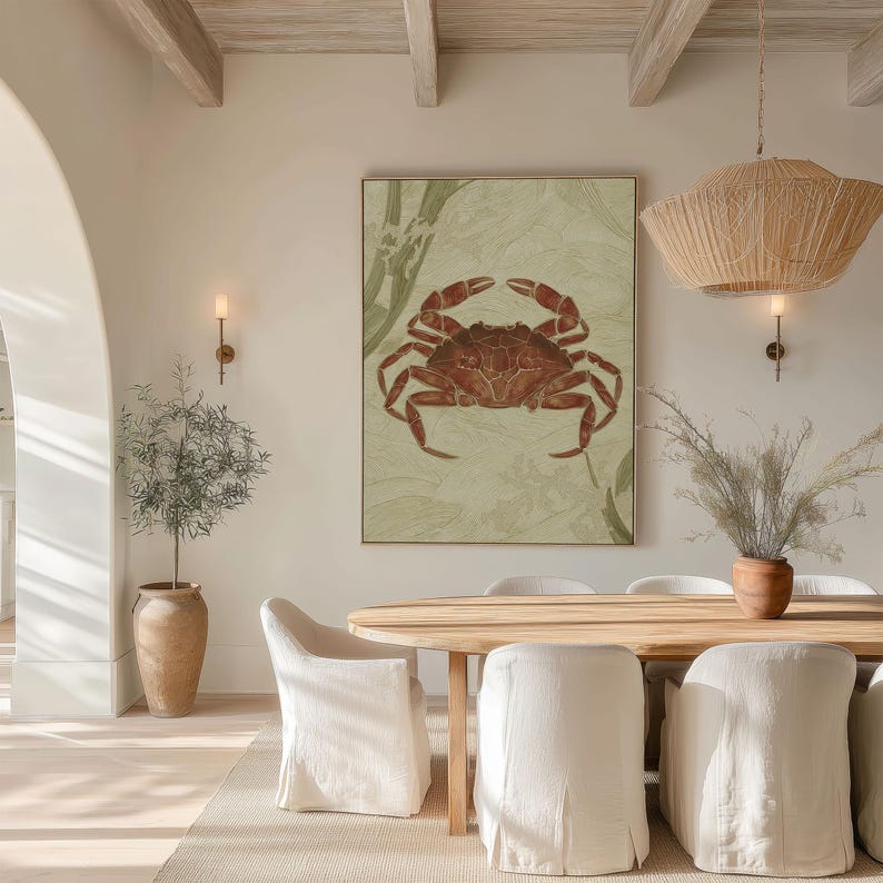 Vintage Red Crab Art Print, Modern Coastal Beach House Bathroom Poster ...