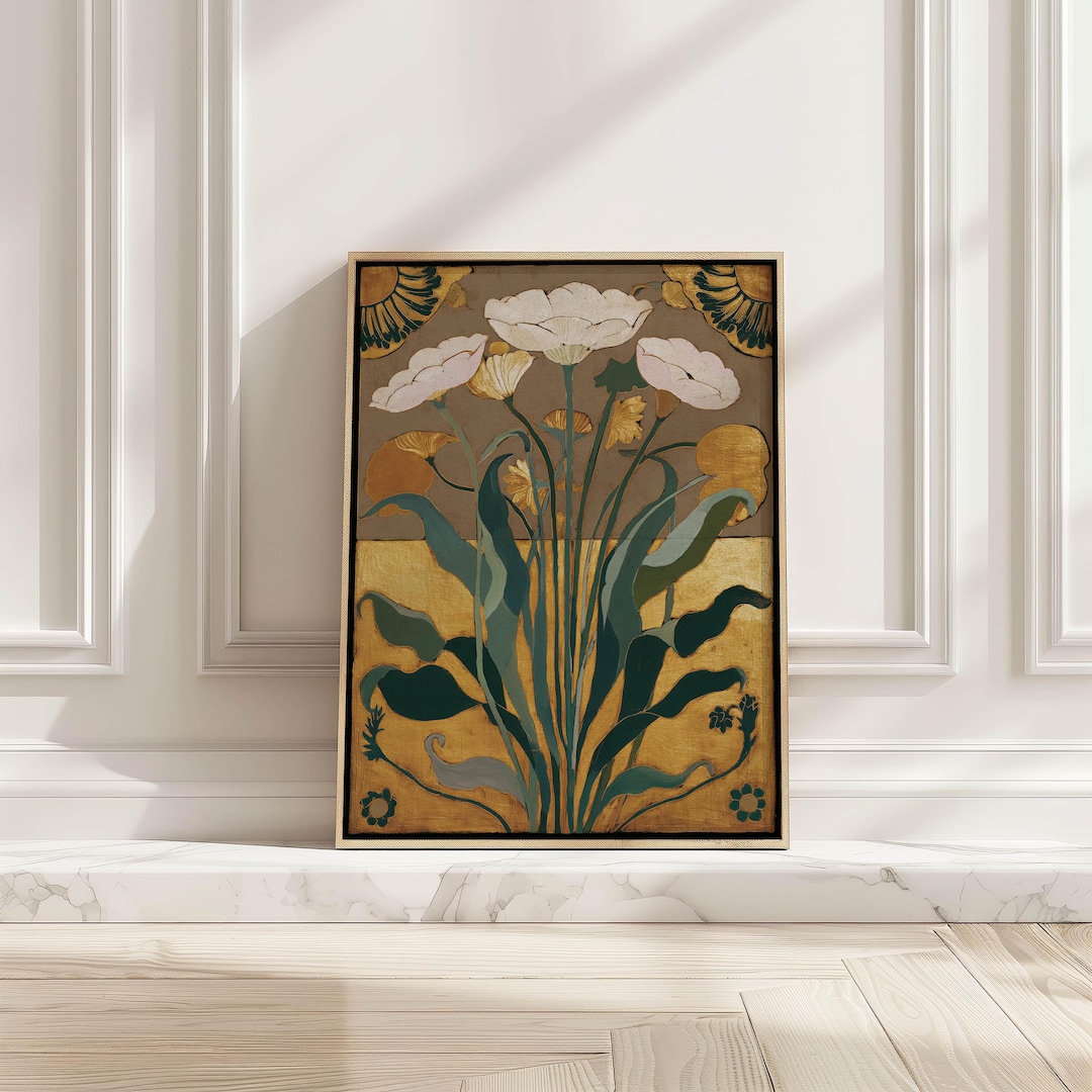 Art Nouveau Floral Art Print Gold Green Vintage Flowers Poster Elegant ...