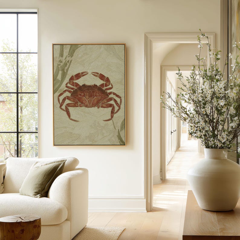 Vintage Red Crab Art Print, Modern Coastal Beach House Bathroom Poster ...