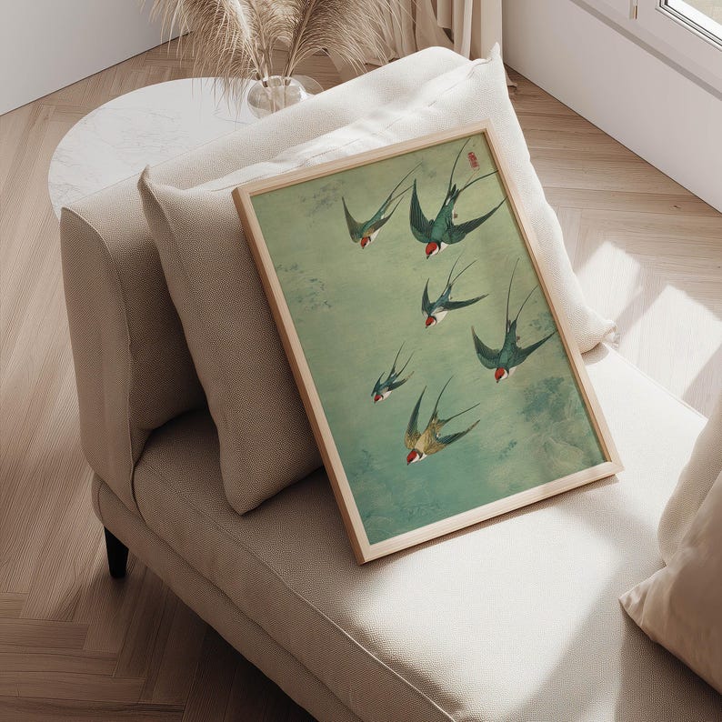 Teal Japanese Swallow Birds Poster Vintage Flying Bird Flock Art Print ...