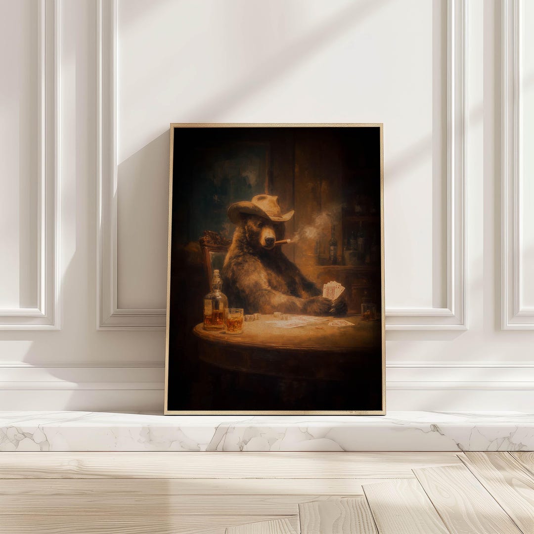 Western Bear Smoking Cigar Poster Bear Playing Poker Wall Art Print ...