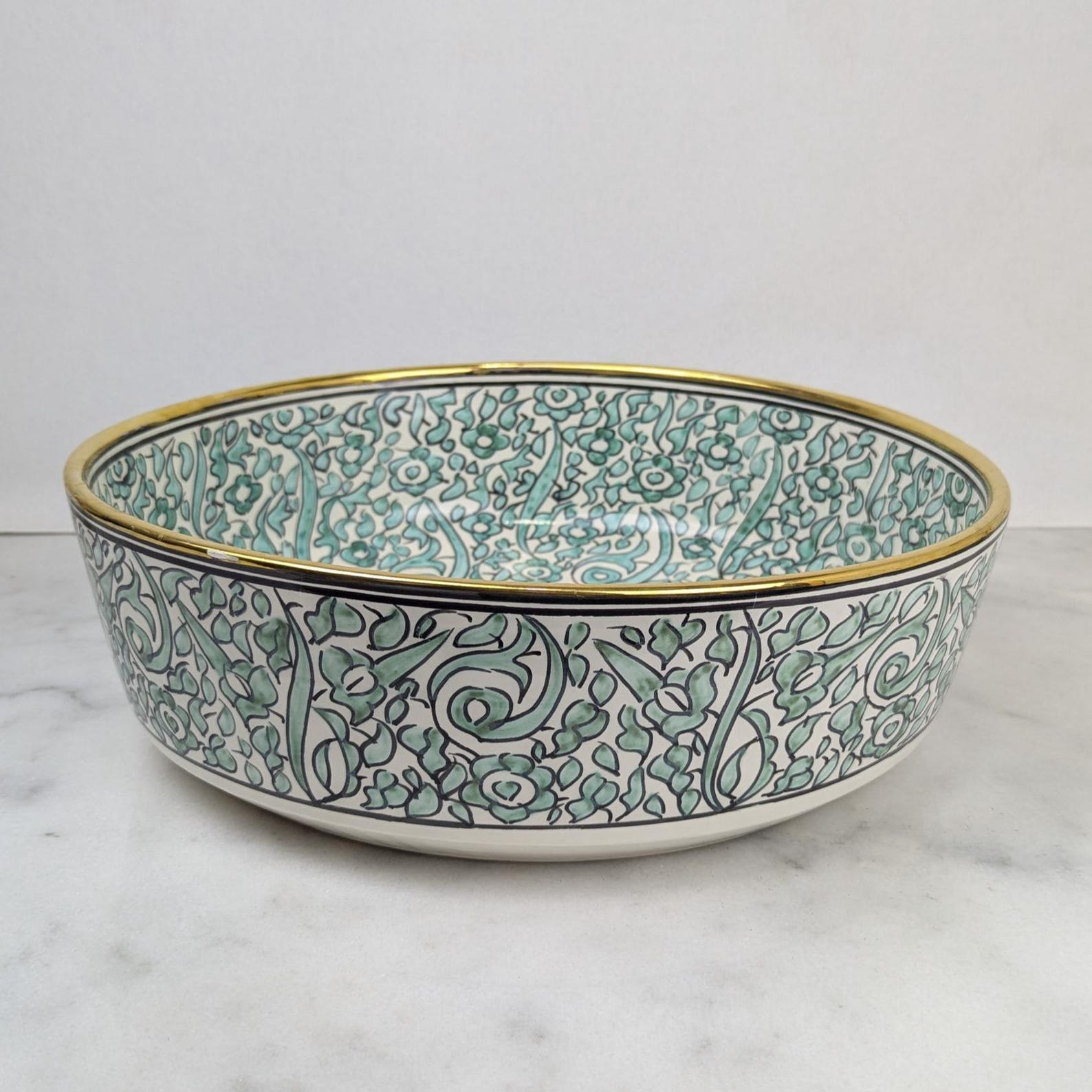Handmade Moroccan Ceramic Vessel Sink – Green Floral, Gold-plated Edge ...