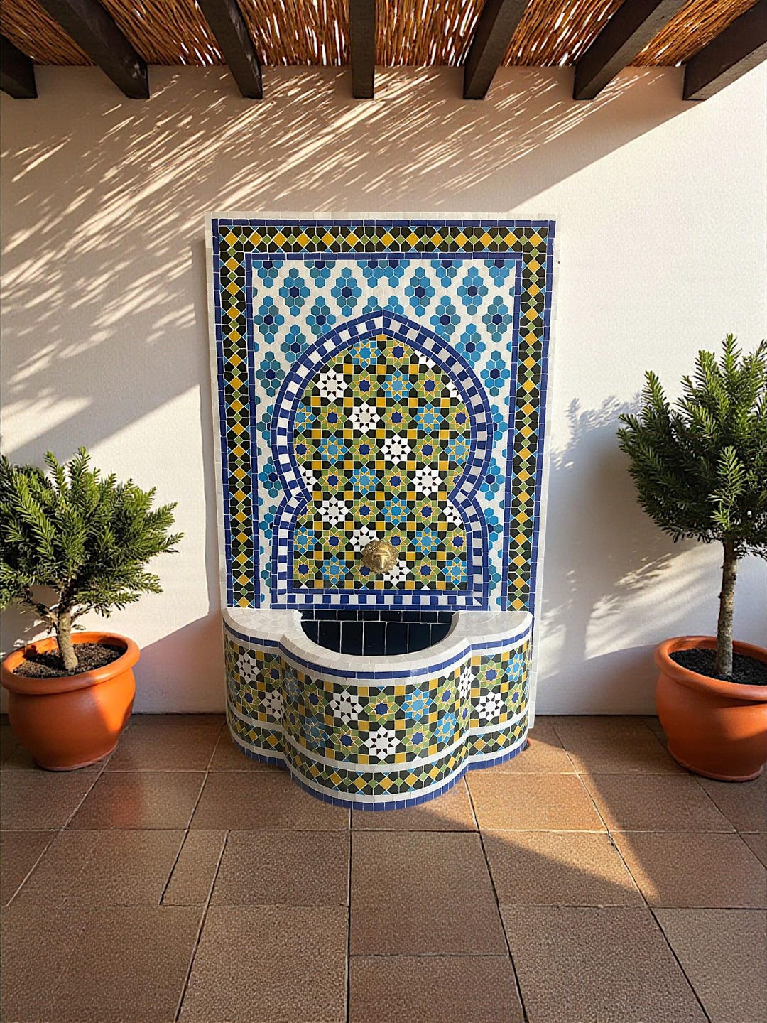 Handmade Moroccan Mosaic Wall Fountain – Blue, Green & Mustard Zellige ...