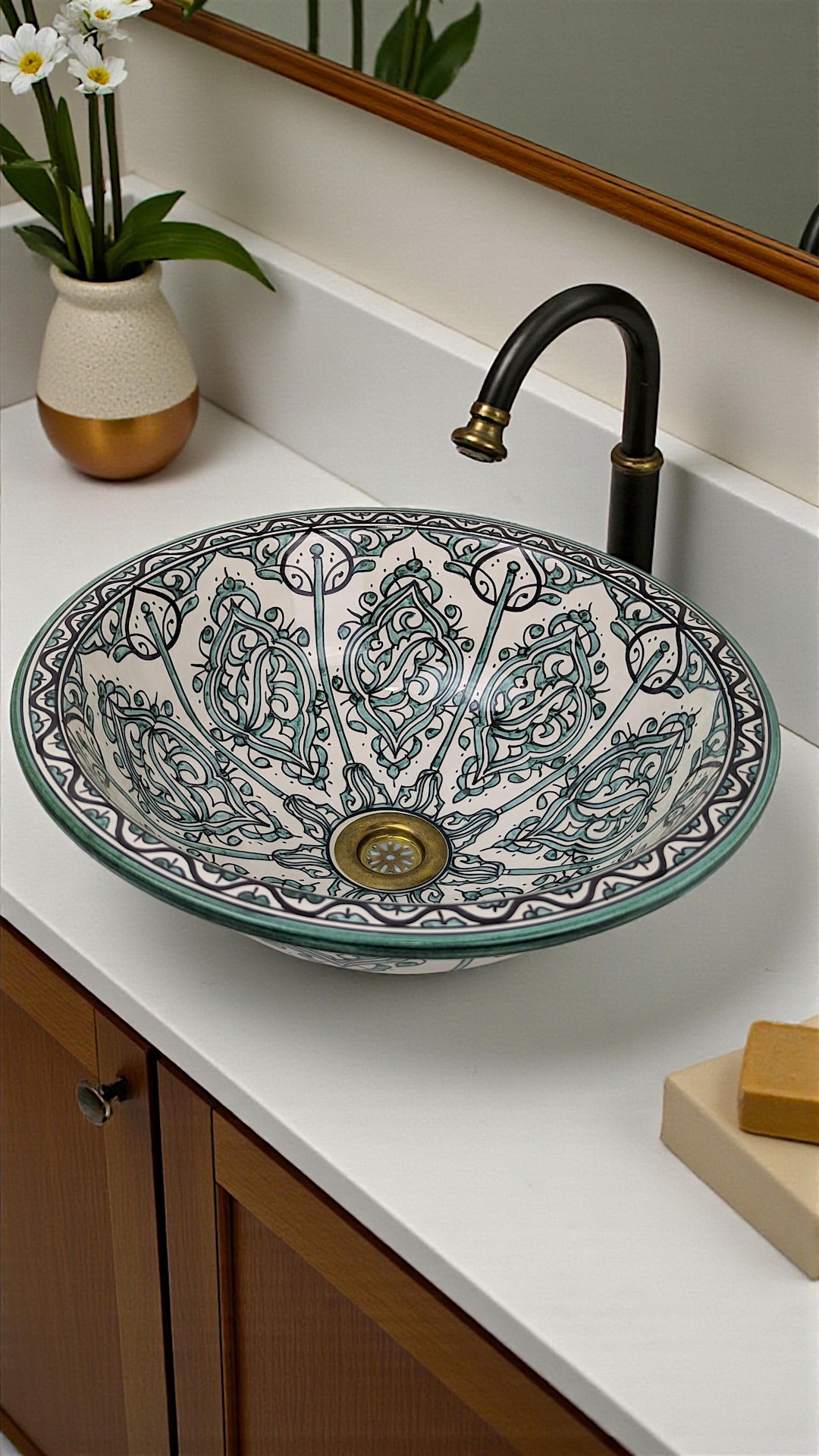 Handmade Emerald Green Moroccan Sink – Ceramic Arabesque Vessel Basin ...