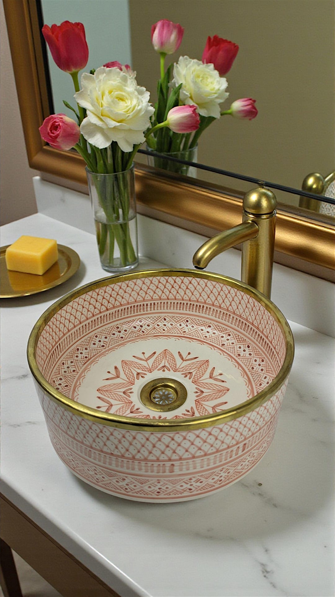 Handmade Terracotta Vessel Sink – Gold Plated Rim, Moroccan Geometric ...