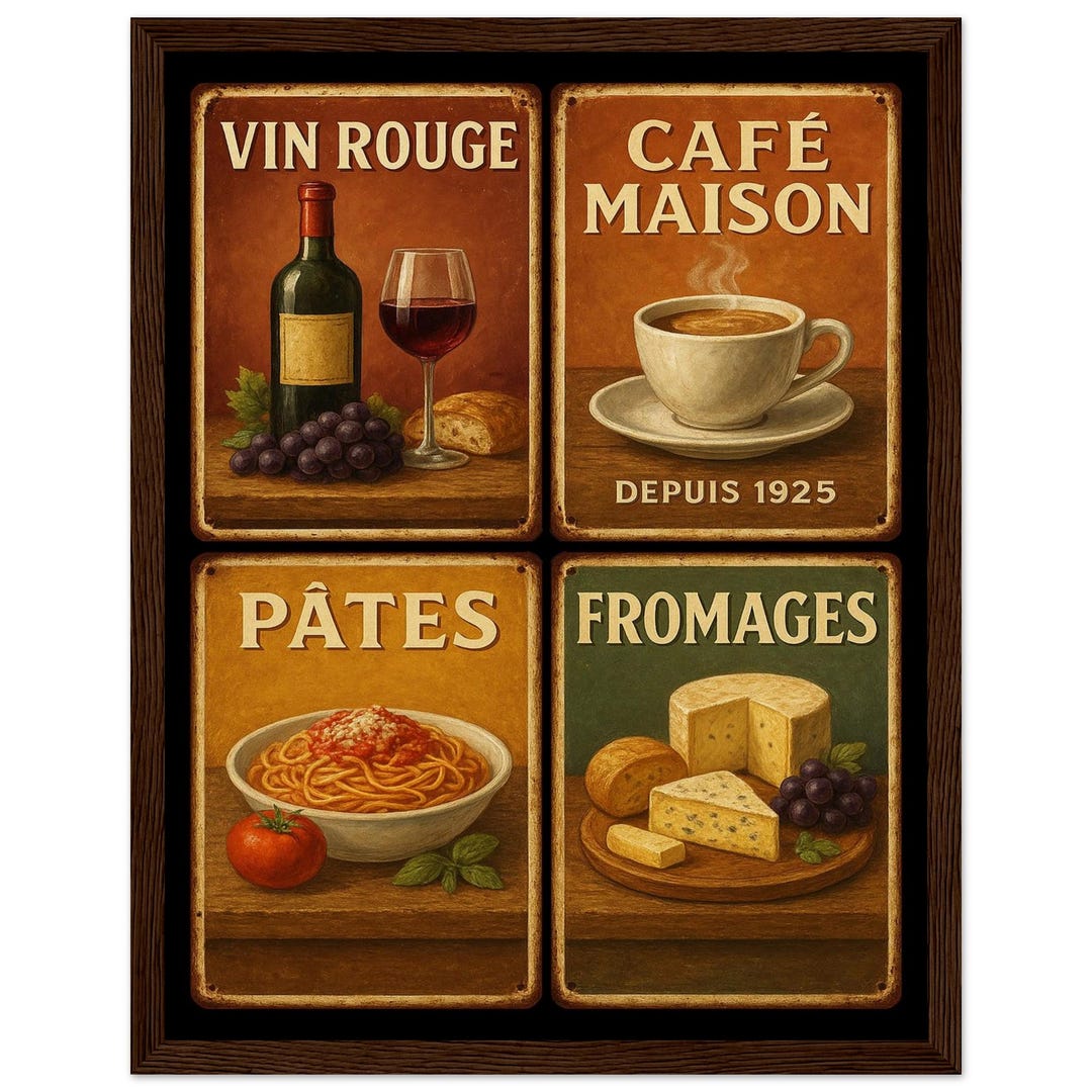 French Bistro Wall Art | Vintage Kitchen Print - Wooden Framed Poster ...