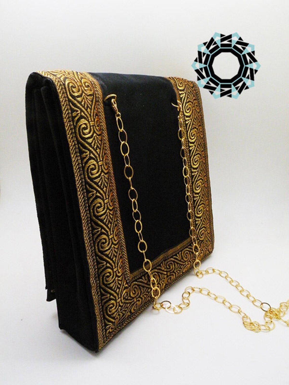 OOAK Black Gold Bag, Evening Shoulder Bag Golden Frame Rectangular Bag ...