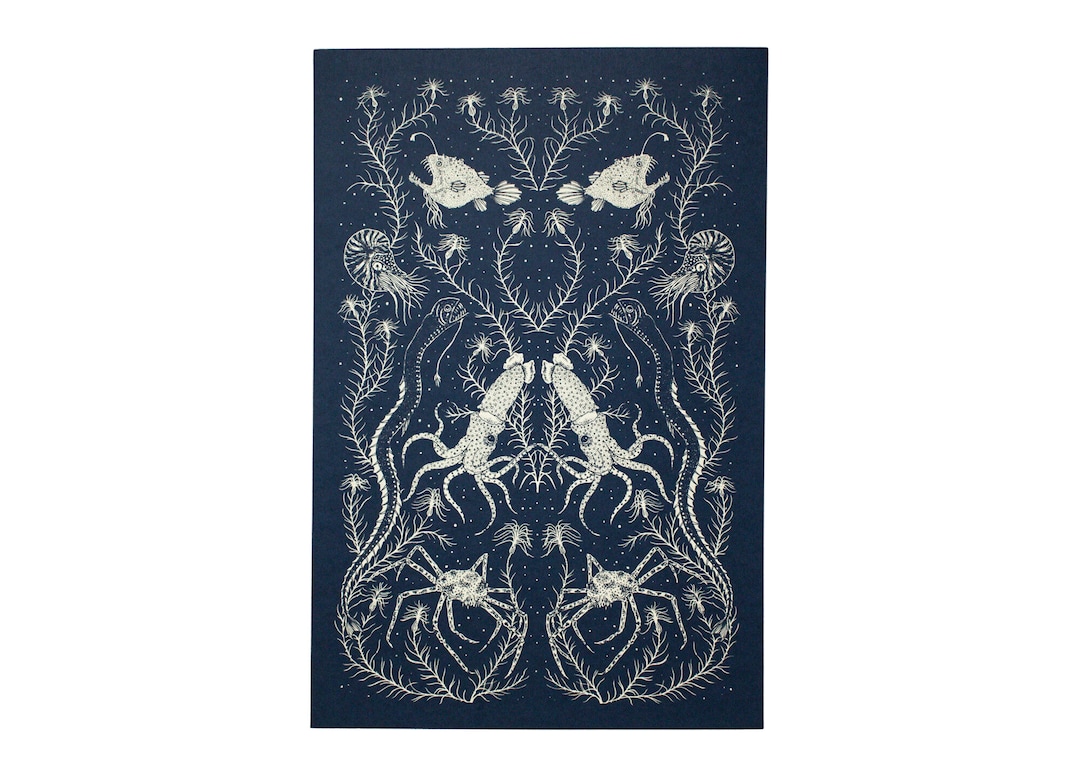 Deep Sea Ecosystem Poster Screen Printed Poster Cream on Navy - Etsy
