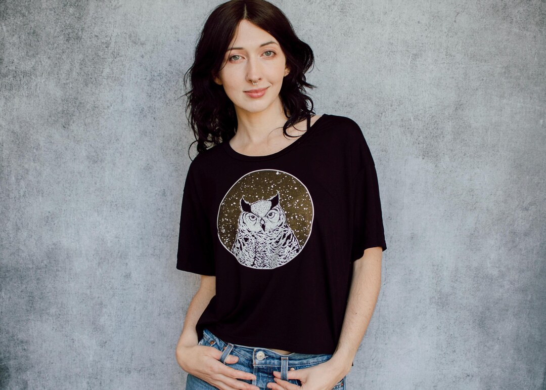 Shimmering Cosmic Owl Screen Print Punk Black Open Neck Crop Tee - Etsy