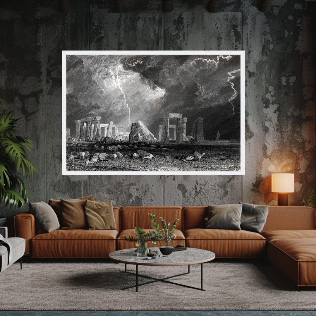 Dramatic Stonehenge Storm, Lightning Bolt Canvas, Monochrome Ancient ...