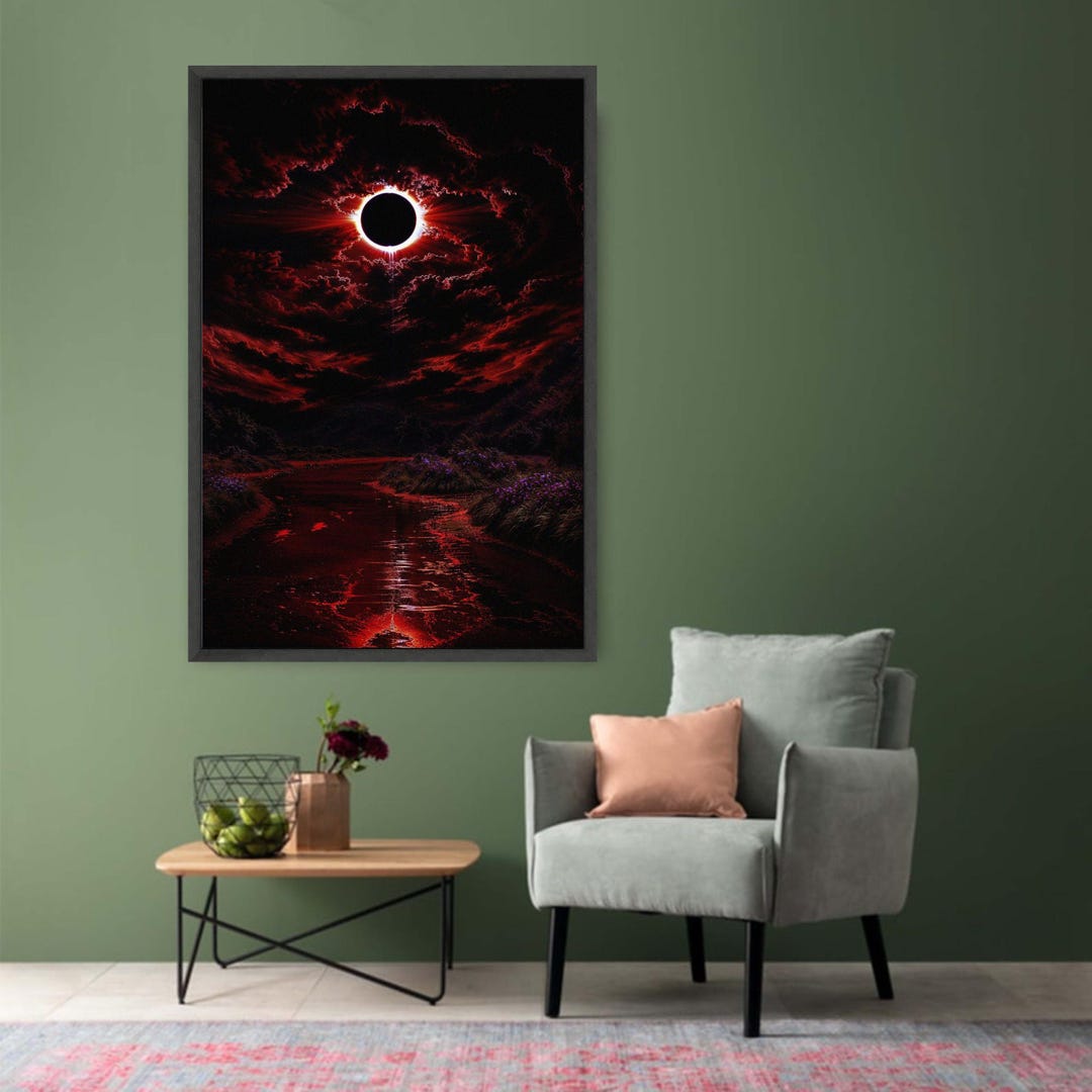 Dramatic Solar Eclipse Canvas, Dark Red Sky Wall Art, Moody Landscape ...