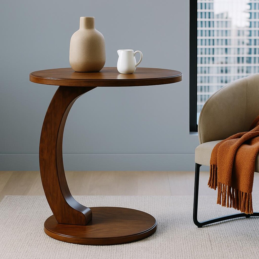 Mid-century Walnut Side Table – Round C-shaped Wood End Table for ...