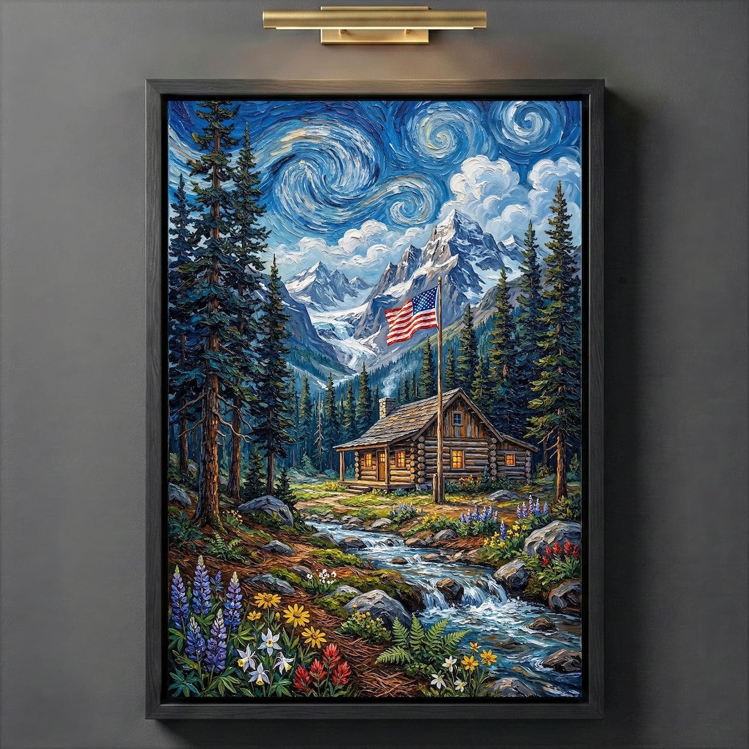 American Mountain Cabin Flag Canvas Print, Alpine Wilderness Vertical ...