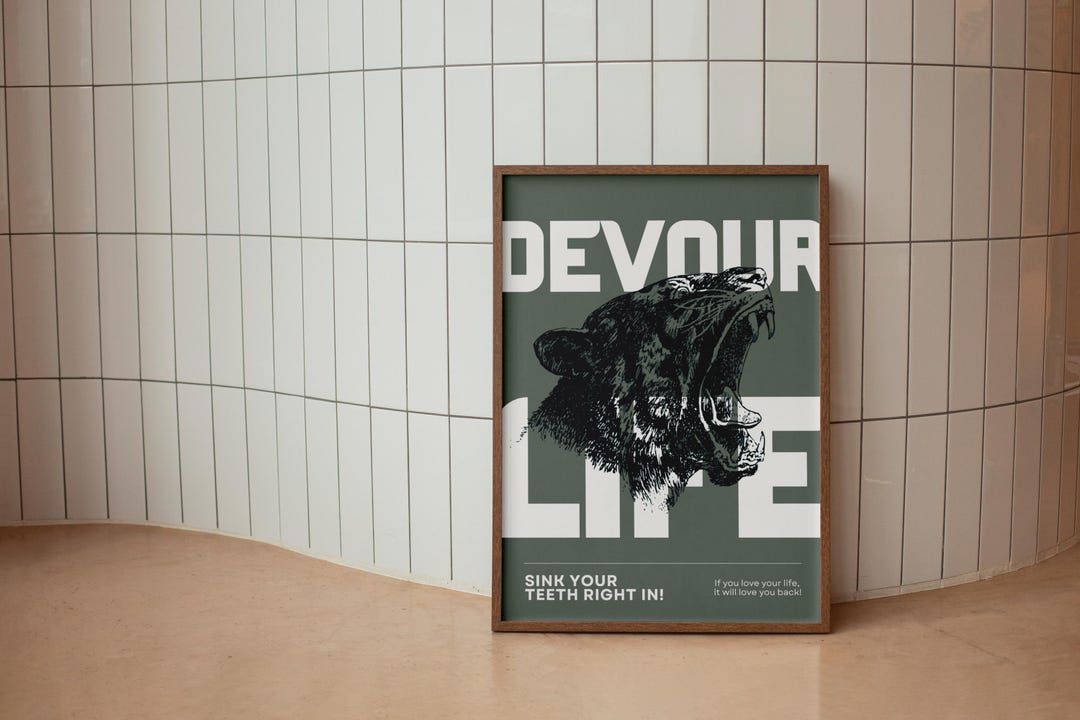 Bold Typography Poster A3 "devour LIFE " | Sage Green Roaring Tiger ...