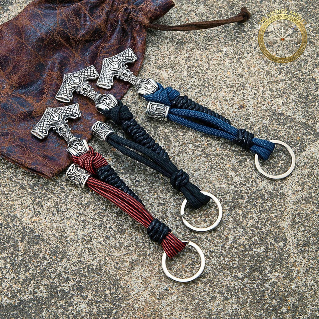 Vikings Thor's Hammer Keychain, Vintage Woven Paracord Rope Norse ...