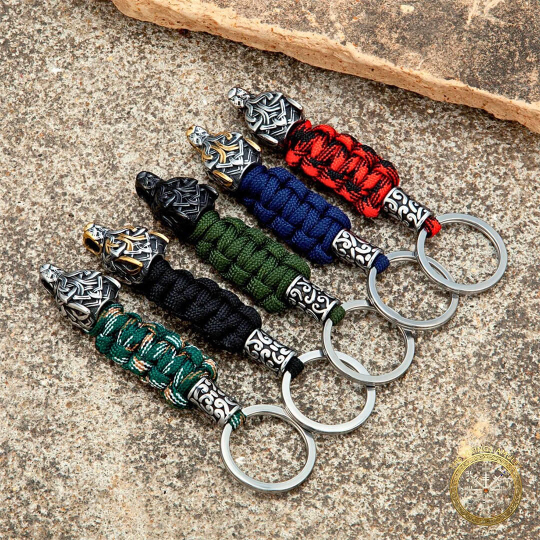 Viking Wolf Head Survival Keychain - Stainless Steel & Paracord Rope ...