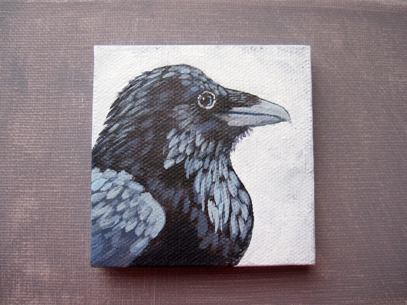 Crow Painting Miniature Acrylic Painting of a Raven on | Etsy