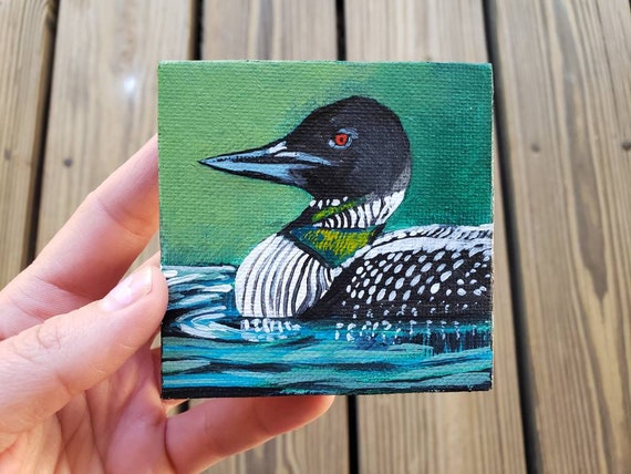 Loon Bird Art Miniature Painting on Canvas 3 X 3 - Etsy