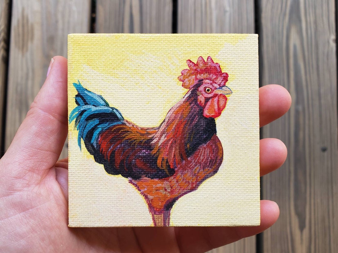 Rhose Island Red Rooster Painting on Canvas, Blue and Red Rooster - Etsy